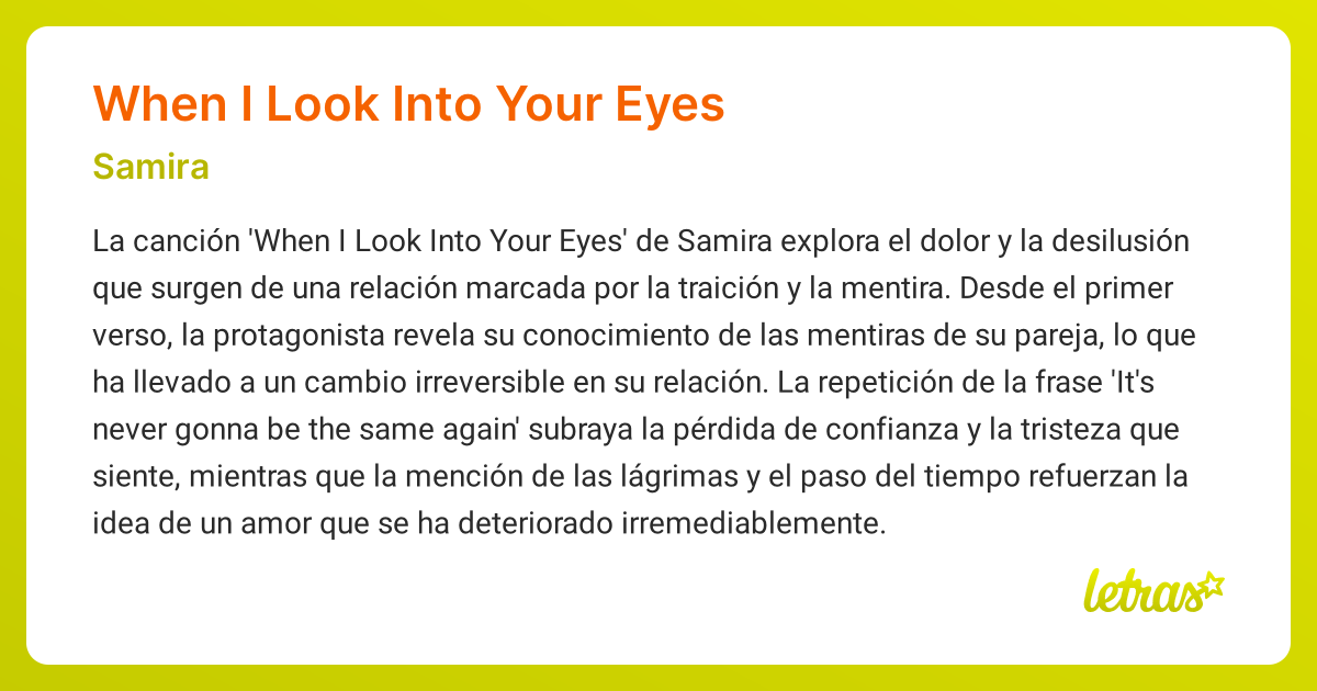 Significado de la canción WHEN I LOOK INTO YOUR EYES (Samira) - LETRAS.COM