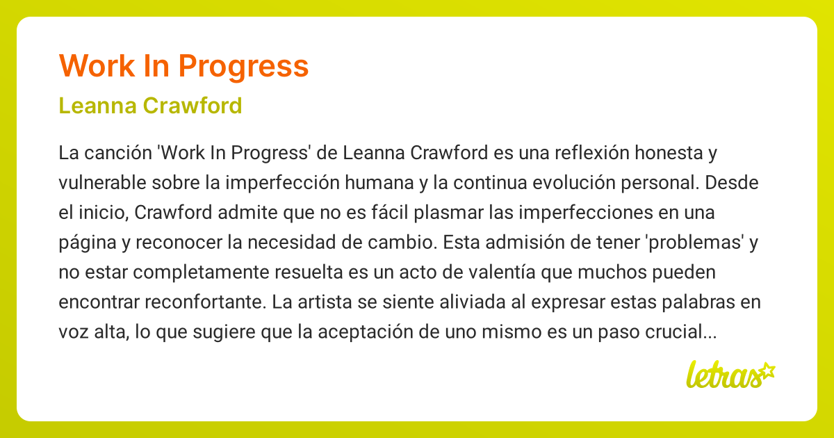 Significado de la canción WORK IN PROGRESS (Leanna Crawford) - LETRAS.COM