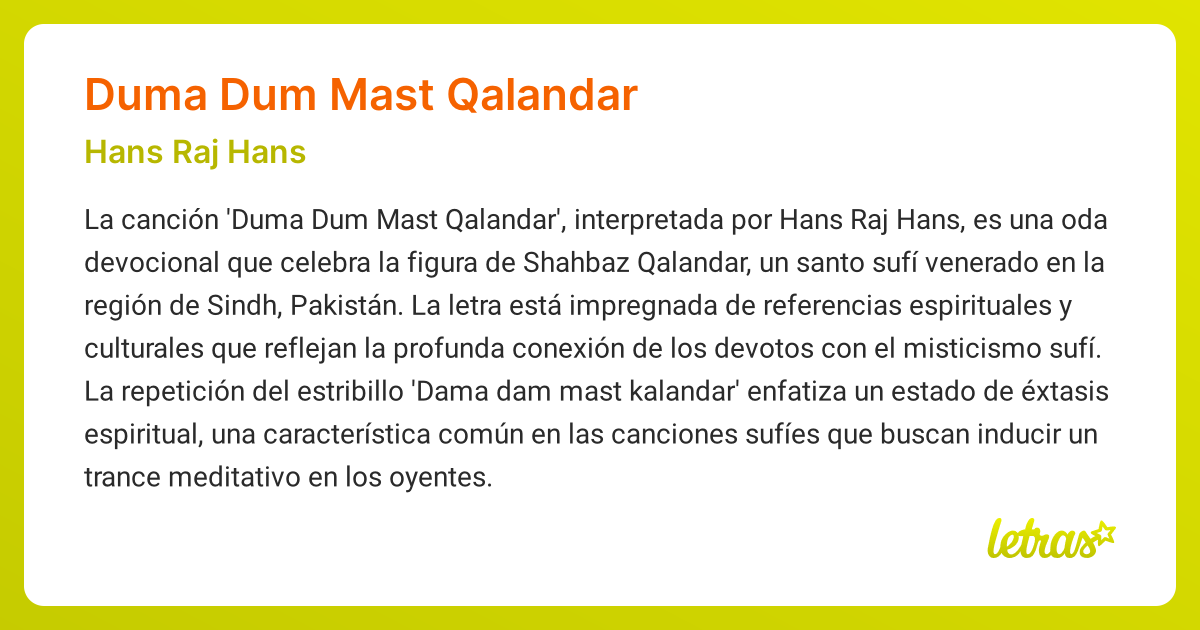 Significado de la canción DUMA DUM MAST QALANDAR (Hans Raj Hans ...