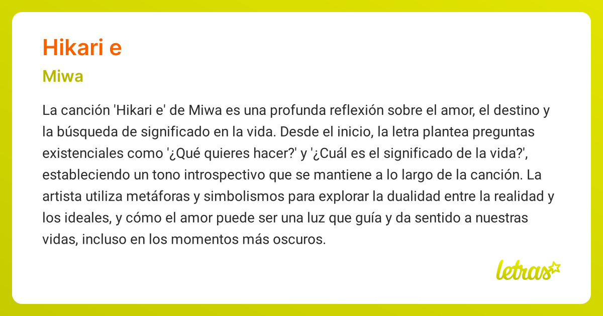 Significado de la canción HIKARI E (Miwa) - LETRAS.COM