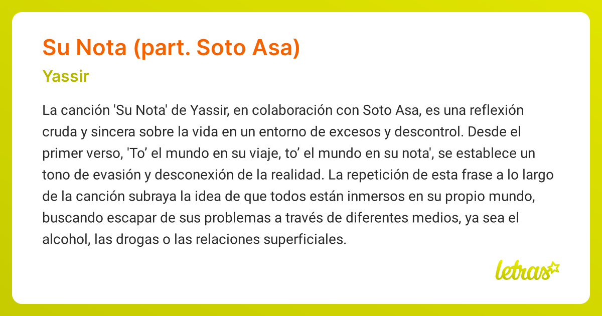 Significado de la canción SU NOTA (PART. SOTO ASA) (Yassir) - LETRAS.COM