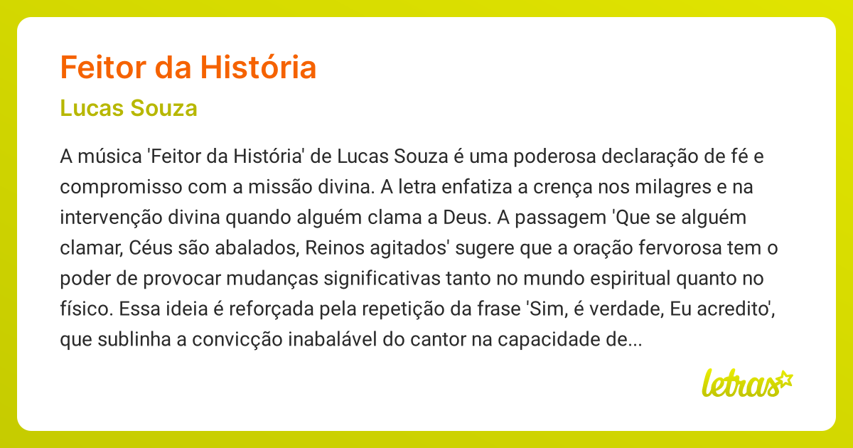 Significado da música FEITOR DA HISTÓRIA (Lucas Souza) - LETRAS.MUS.BR