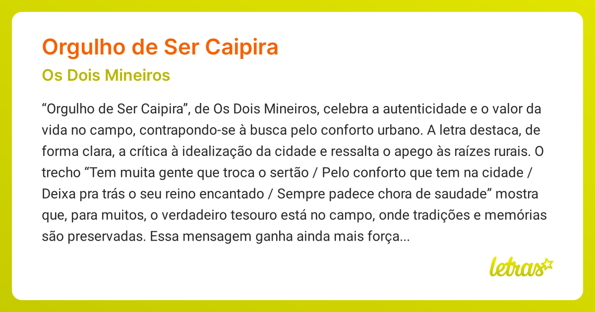 Significado da música ORGULHO DE SER CAIPIRA (Os Dois Mineiros ...