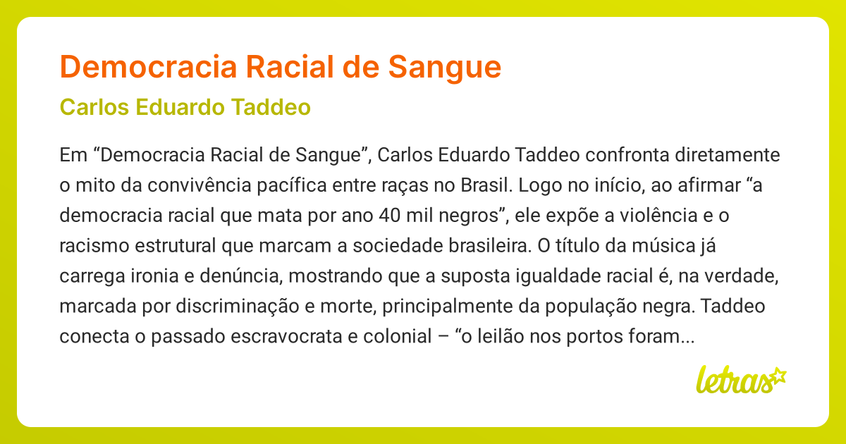 Significado da música DEMOCRACIA RACIAL DE SANGUE (Carlos Eduardo ...