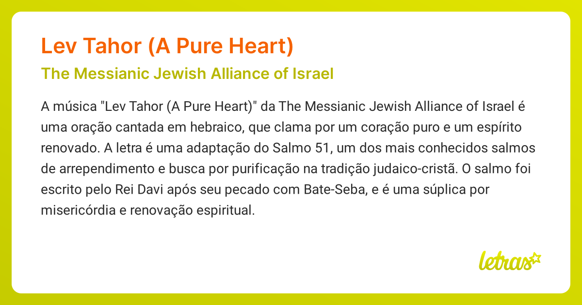 Significado da música LEV TAHOR (A PURE HEART) (The Messianic Jewish ...