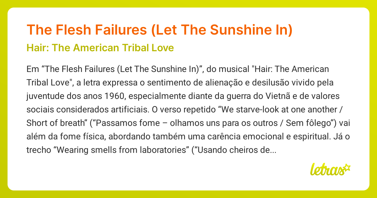 Significado da música The Flesh Failures (Let The Sunshine In) (Hair: The American Tribal Love ...