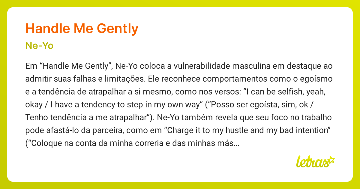 Significado da música HANDLE ME GENTLY (Ne-Yo) - LETRAS.MUS.BR