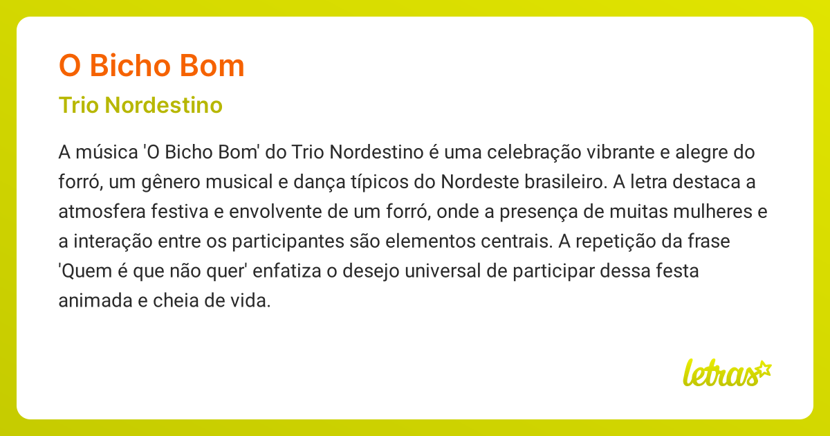 Significado da música O BICHO BOM (Trio Nordestino) - LETRAS.MUS.BR