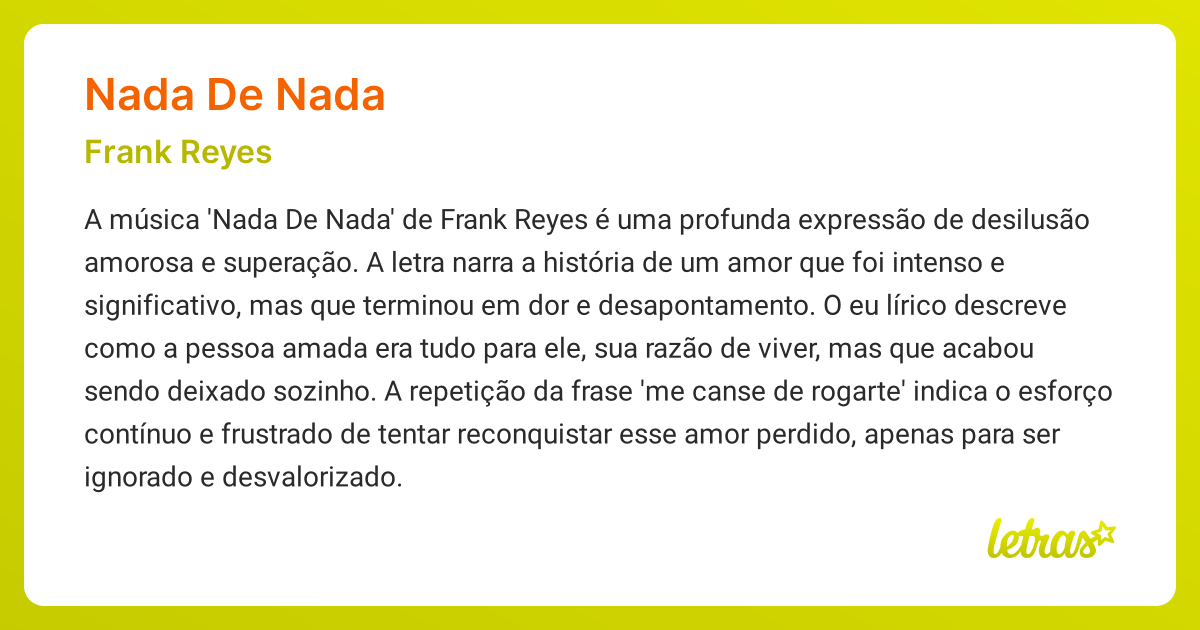 Significado da música NADA DE NADA (Frank Reyes) - LETRAS.MUS.BR