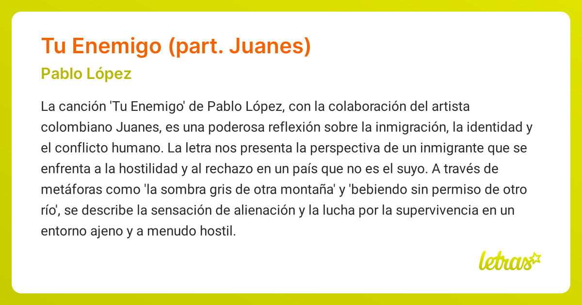 Significado de la canción TU ENEMIGO (PART. JUANES) (Pablo López ...