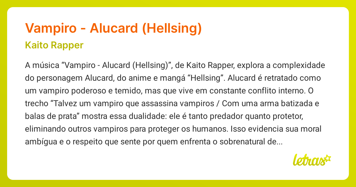 Significado da música VAMPIRO - ALUCARD (HELLSING) (Kaito Rapper ...
