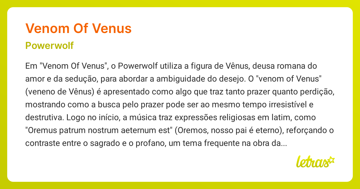 Significado da música VENOM OF VENUS (Powerwolf) - LETRAS.MUS.BR