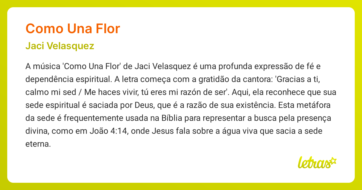 Significado da música COMO UNA FLOR (Jaci Velasquez) - LETRAS.MUS.BR