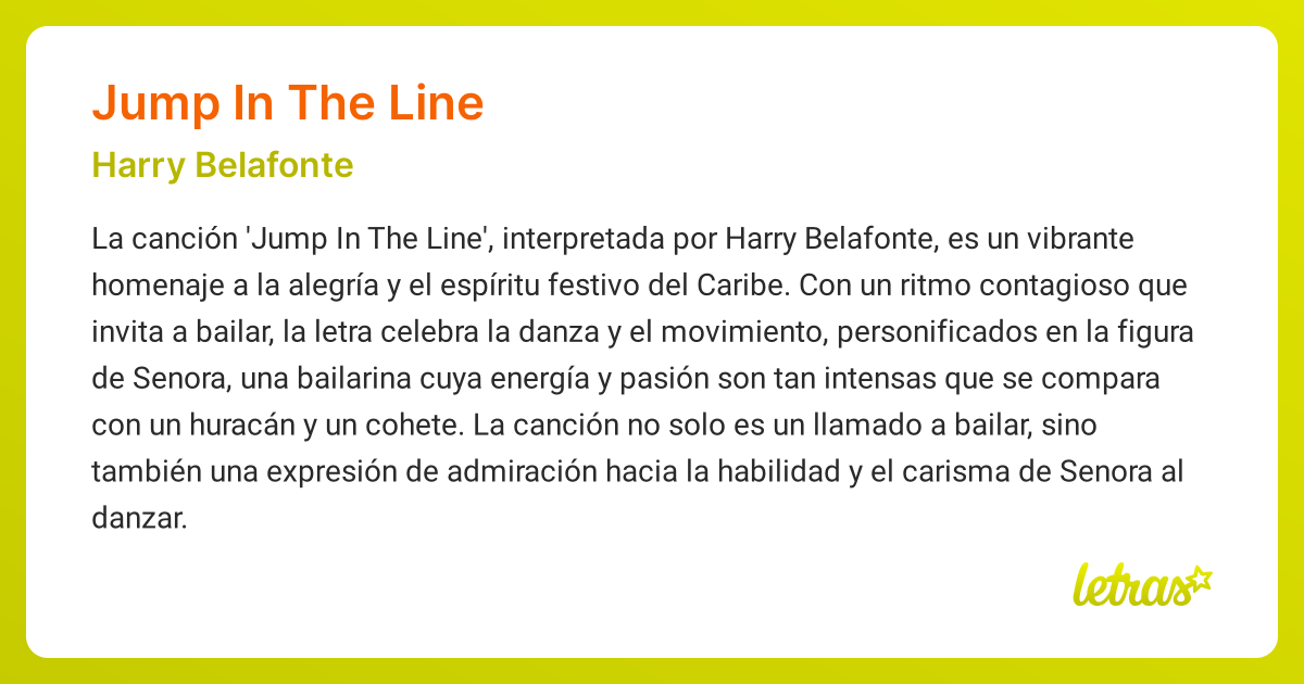 Significado de la canción JUMP IN THE LINE (Harry Belafonte) - LETRAS.COM
