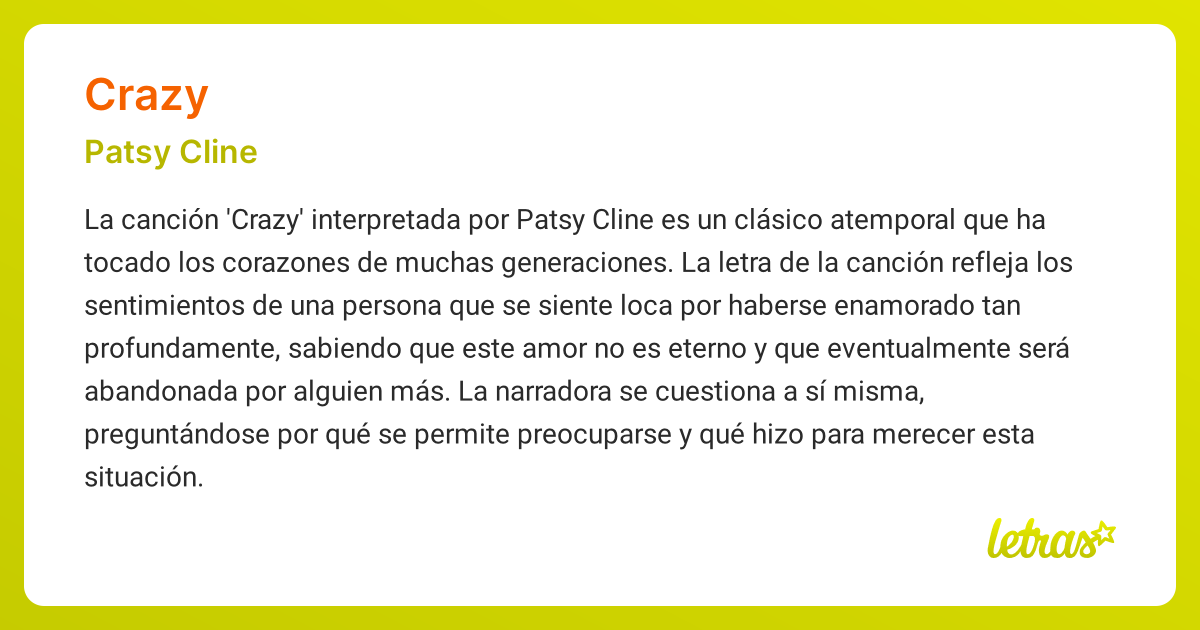 Significado de la canción CRAZY (Patsy Cline) - LETRAS.COM