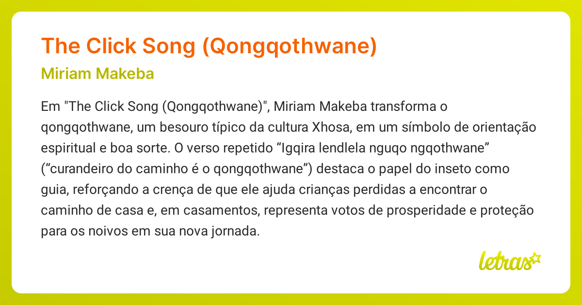 Significado da música THE CLICK SONG (QONGQOTHWANE) (Miriam Makeba ...
