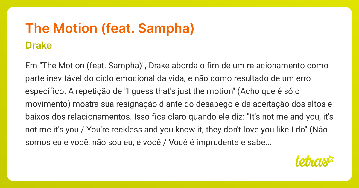 Significado da música THE MOTION (FEAT. SAMPHA) (Drake) - LETRAS.MUS.BR
