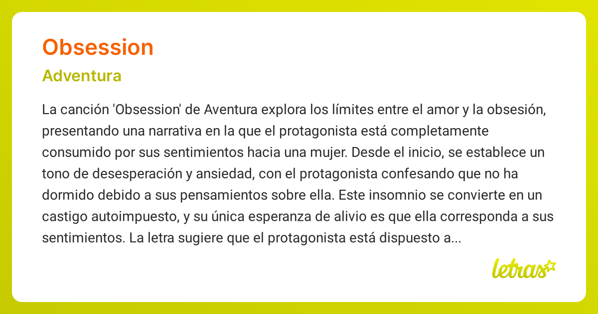 Significado de la canción OBSESSION (Adventura) - LETRAS.COM