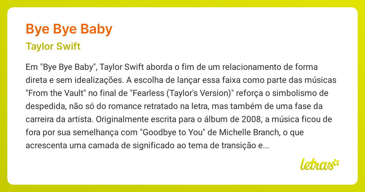 Significado da música BYE BYE BABY (Taylor Swift) - LETRAS.MUS.BR