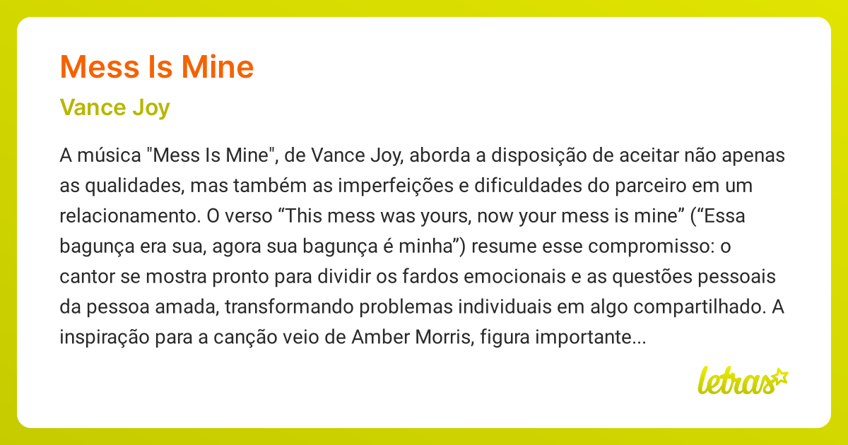 Significado da música MESS IS MINE (Vance Joy) - LETRAS.MUS.BR