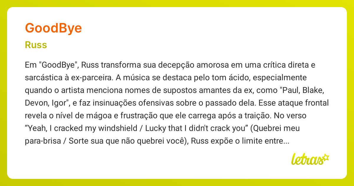 Significado da música GOODBYE (Russ) - LETRAS.MUS.BR
