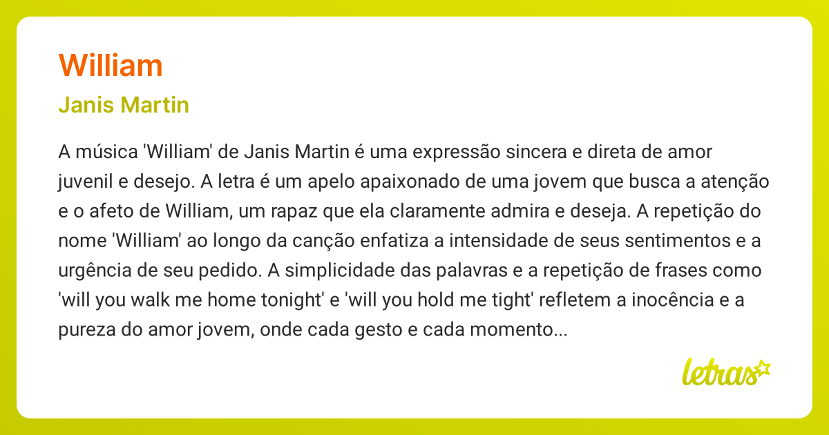 Significado da música WILLIAM (Janis Martin) - LETRAS.MUS.BR