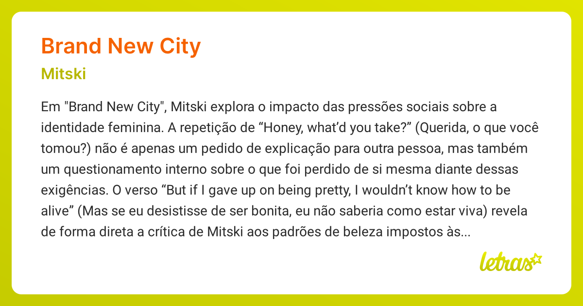 Significado da música BRAND NEW CITY (Mitski) - LETRAS.MUS.BR