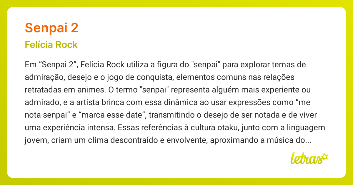 Significado da música SENPAI 2 (Felícia Rock) - LETRAS.MUS.BR