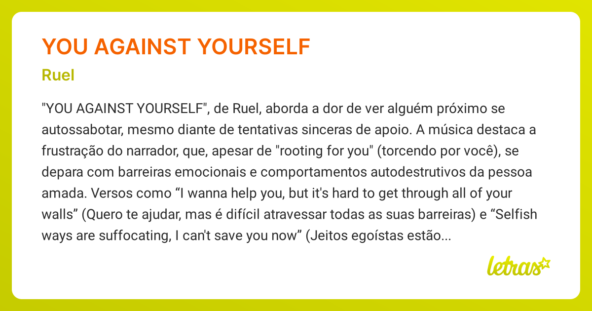 Significado da música YOU AGAINST YOURSELF (Ruel) - LETRAS.MUS.BR