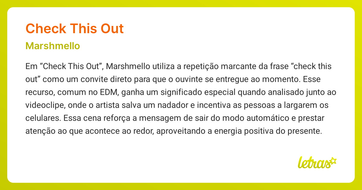 Significado da música CHECK THIS OUT (Marshmello) - LETRAS.MUS.BR