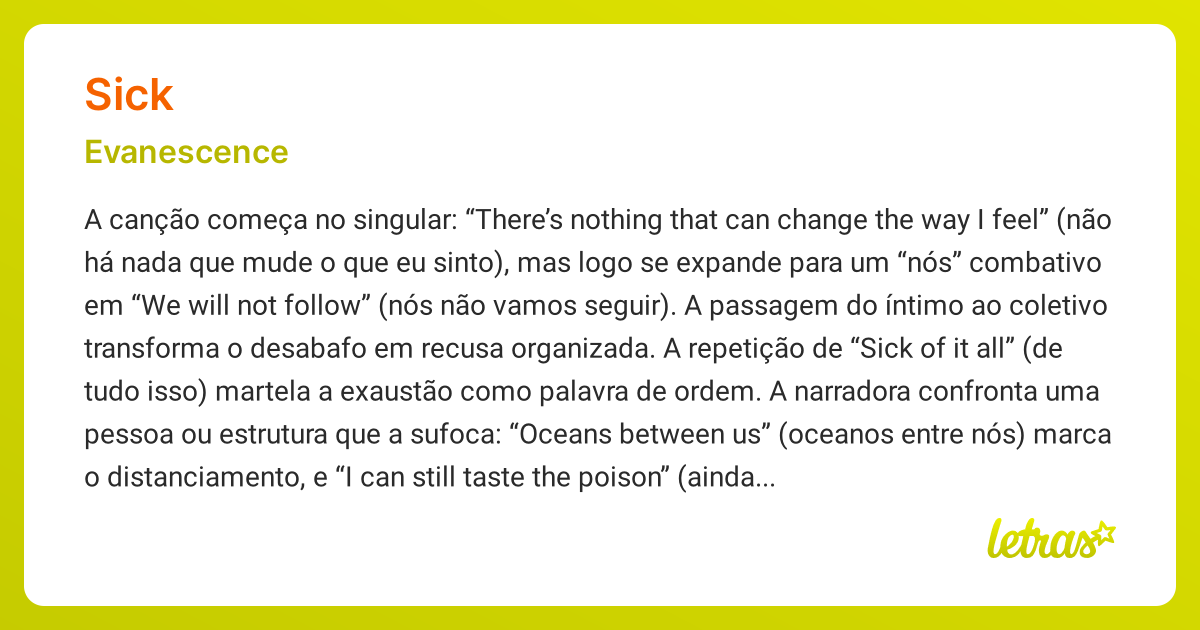 Significado da música SICK (Evanescence) - LETRAS.MUS.BR