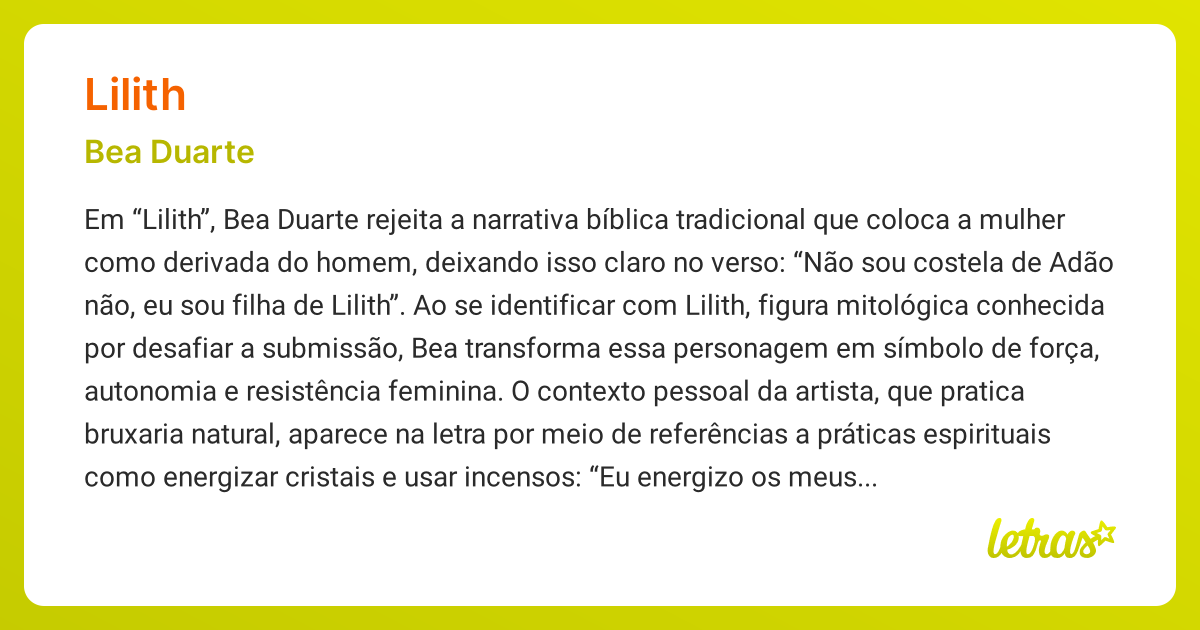 Significado da música LILITH (Bea Duarte) - LETRAS.MUS.BR
