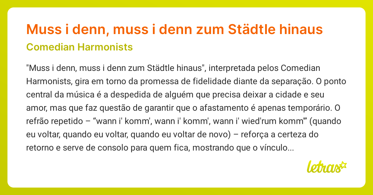 Significado da música Muss i denn, muss i denn zum Städtle hinaus ...