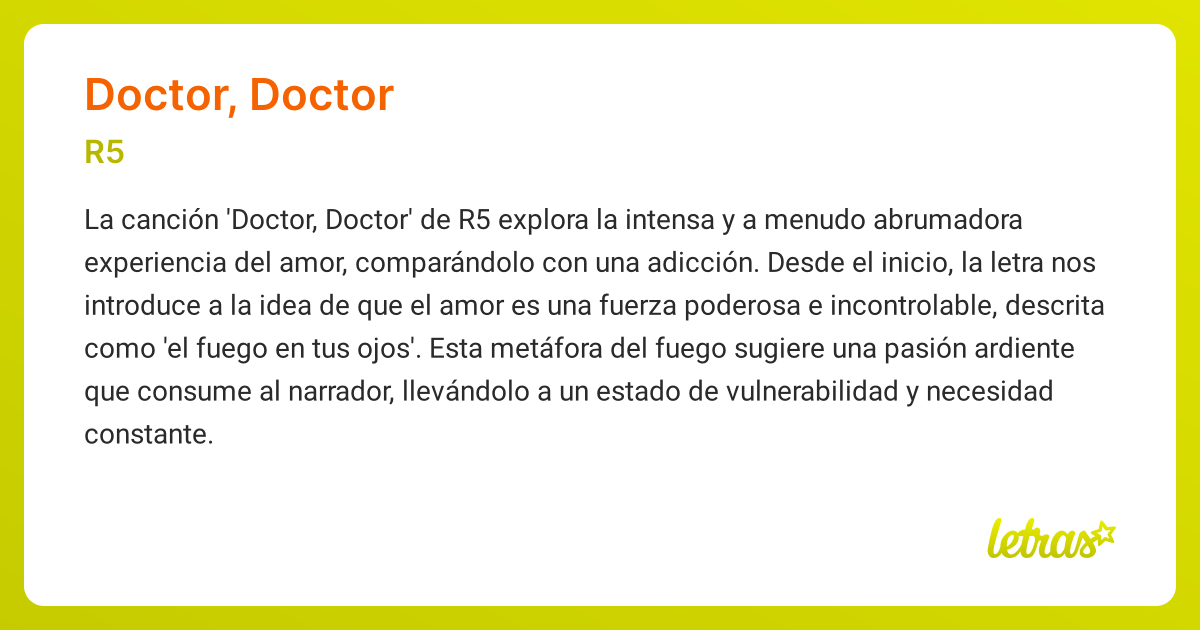 Significado de la canción DOCTOR, DOCTOR (R5) - LETRAS.COM