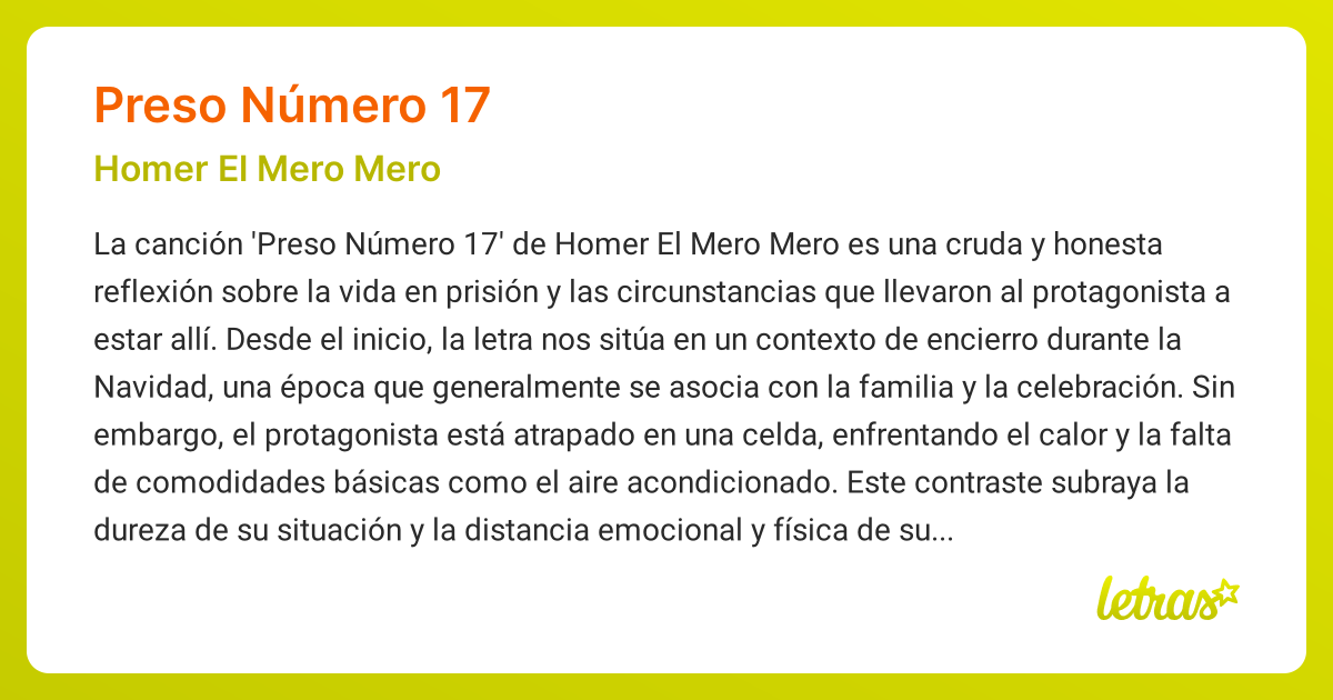 Significado de la canción PRESO NÚMERO 17 (Homer El Mero Mero) - LETRAS.COM