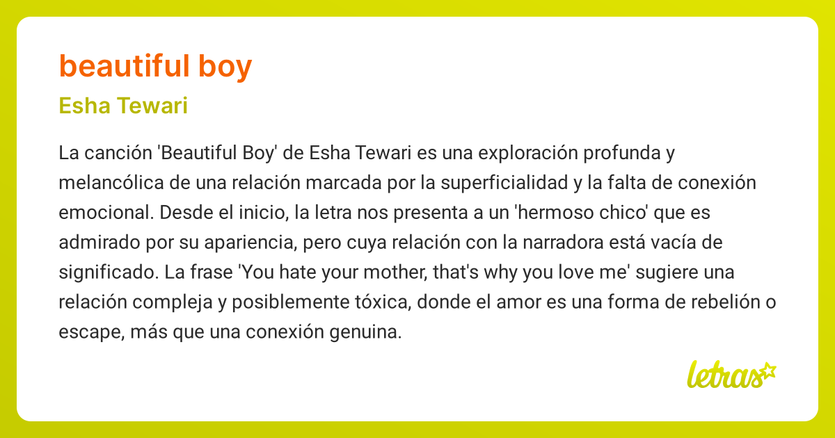 Significado de la canción BEAUTIFUL BOY (Esha Tewari) - LETRAS.COM