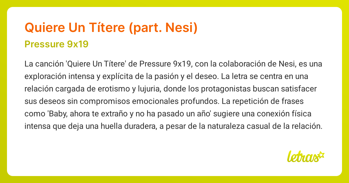 Significado de la canción Quiere Un Títere (part. ⁠Nesi) (Pressure 9x19 ...