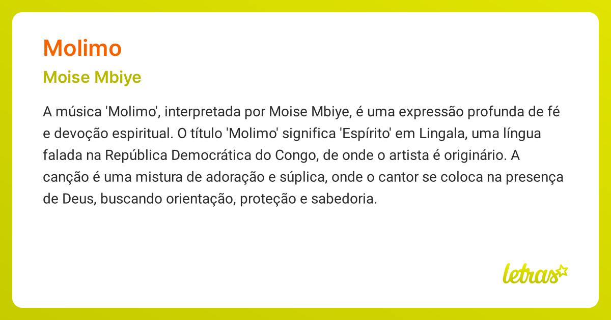 Significado da música MOLIMO (Moise Mbiye) - LETRAS.MUS.BR