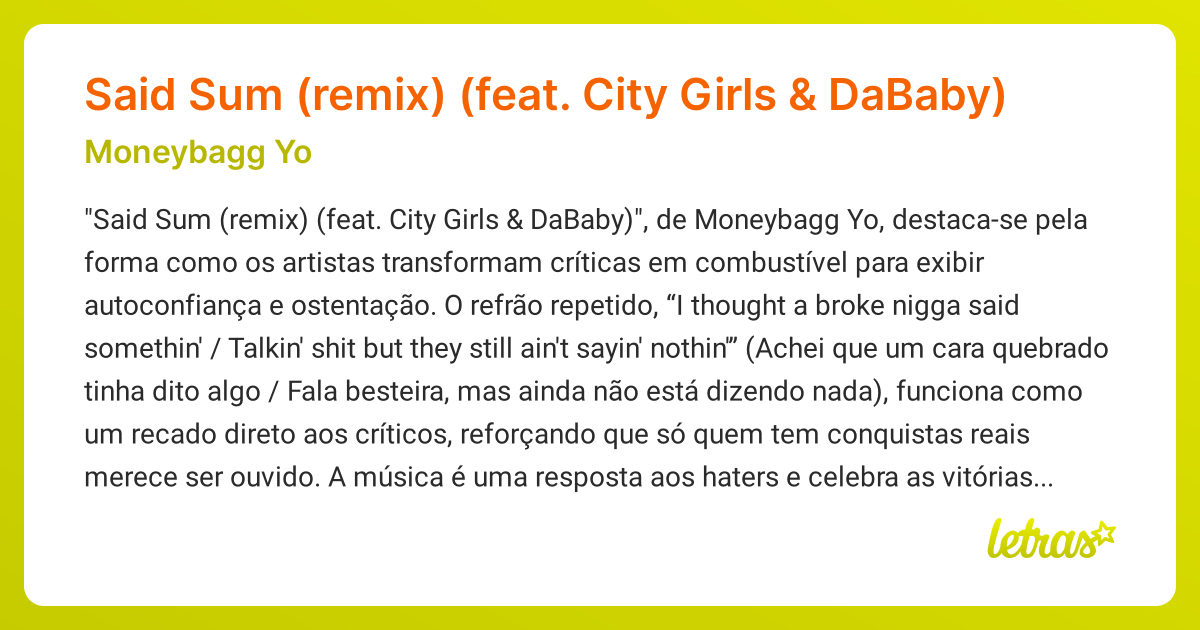 Significado da música Said Sum (remix) (feat. City Girls & DaBaby ...