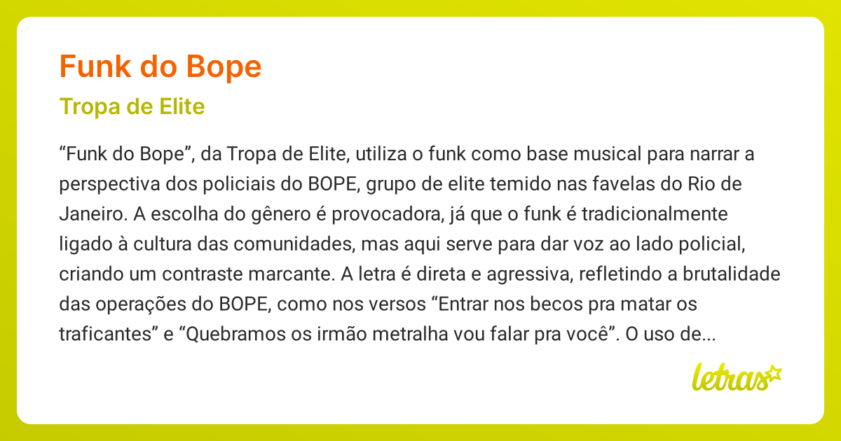 Significado da música FUNK DO BOPE (Tropa de Elite) - LETRAS.MUS.BR