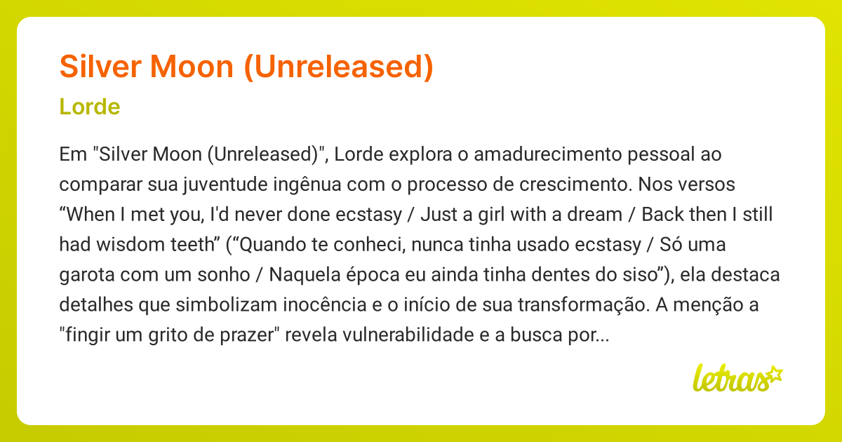 Significado da música SILVER MOON (UNRELEASED) (Lorde) - LETRAS.MUS.BR
