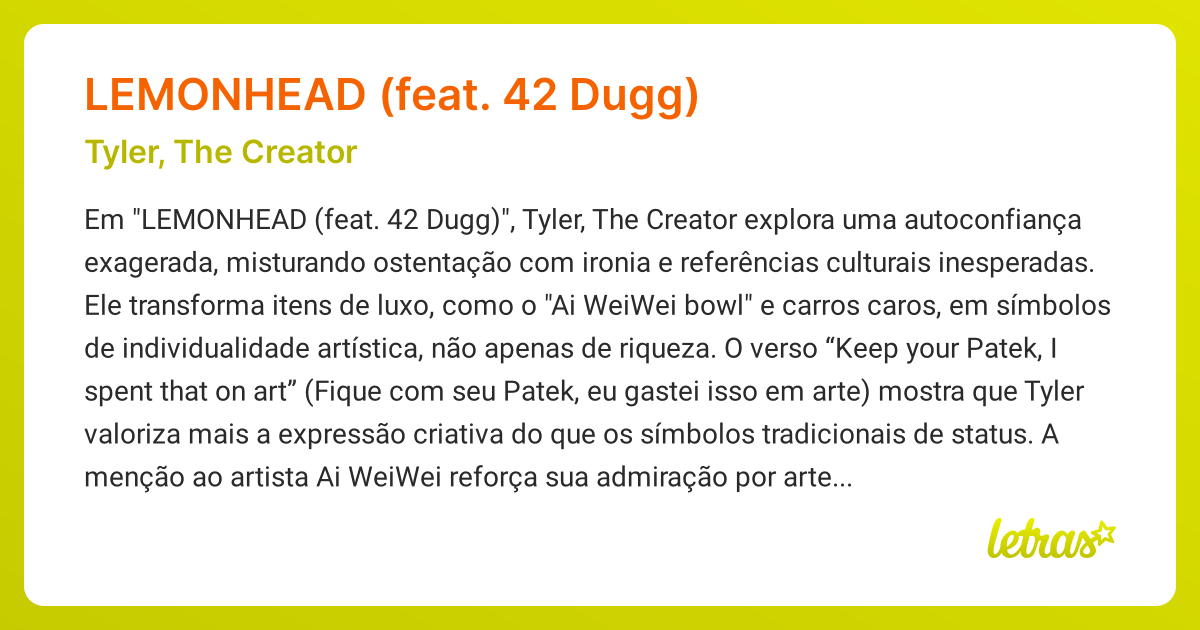 Significado da música LEMONHEAD (FEAT. 42 DUGG) (Tyler, The Creator ...