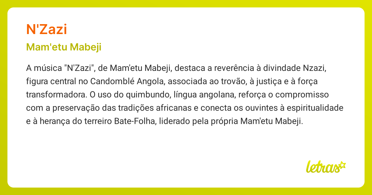 Significado da música N'ZAZI (Mam'etu Mabeji) - LETRAS.MUS.BR