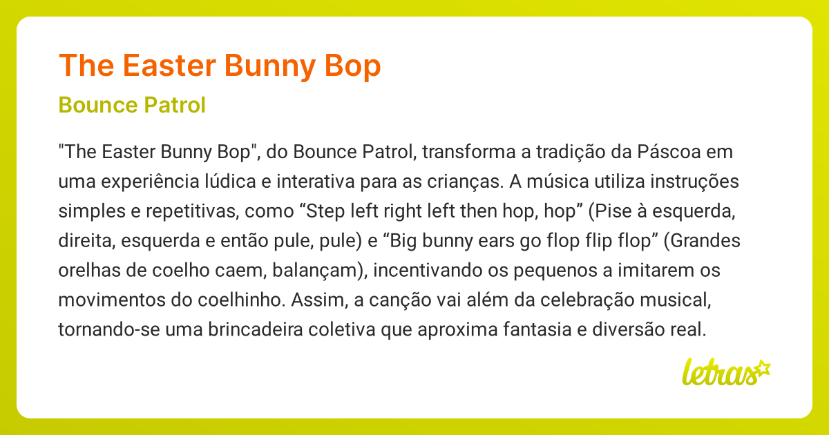 Significado da música THE EASTER BUNNY BOP (Bounce Patrol) - LETRAS.MUS.BR