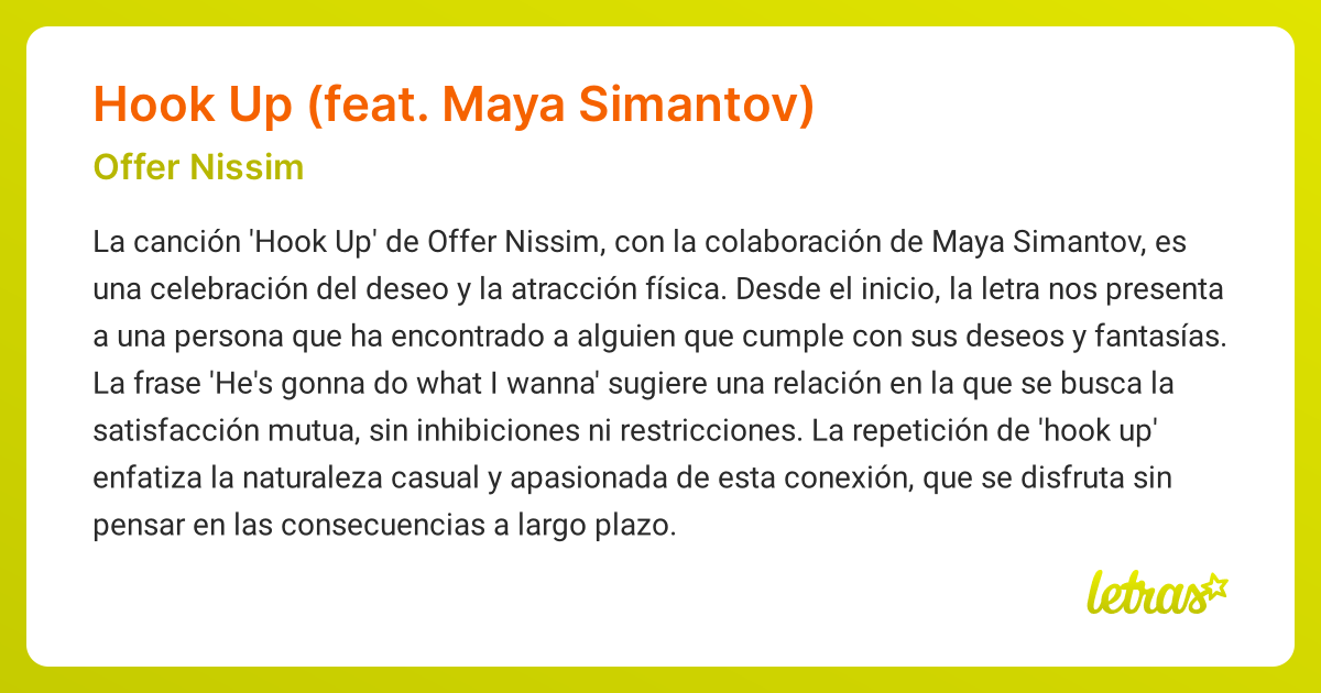 Significado de la canción HOOK UP (FEAT. MAYA SIMANTOV) (Offer Nissim ...