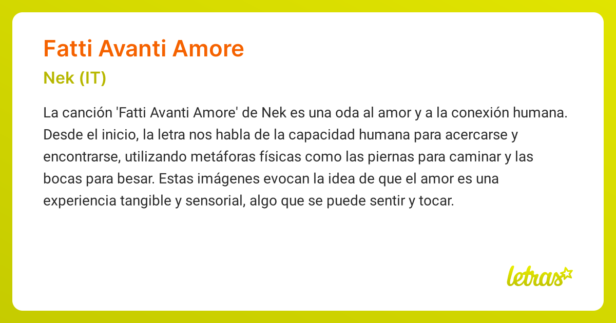 Significado de la canción FATTI AVANTI AMORE (Nek (IT)) - LETRAS.COM