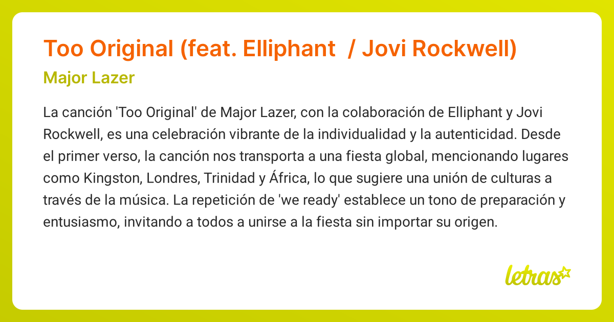 Significado de la canción Too Original (feat. Elliphant / Jovi Rockwell ...