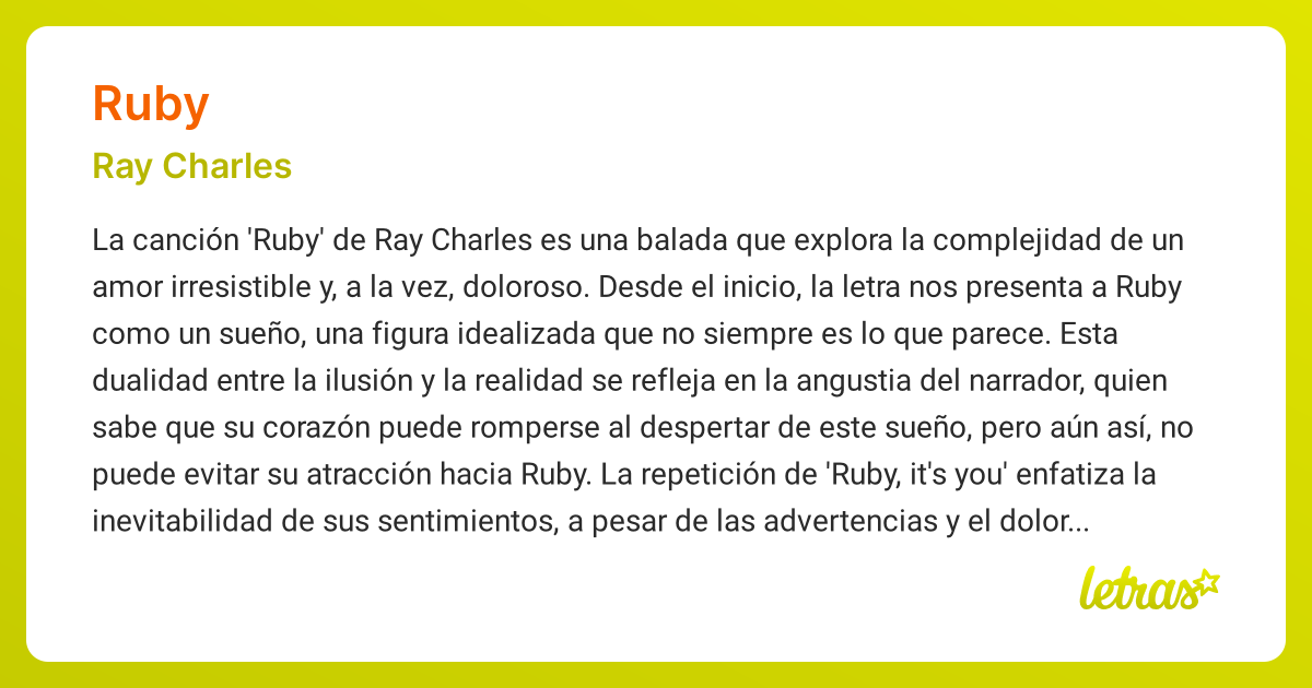 Significado de la canción RUBY (Ray Charles) - LETRAS.COM