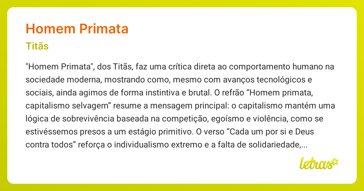 Significado da música HOMEM PRIMATA (Titãs) - LETRAS.MUS.BR