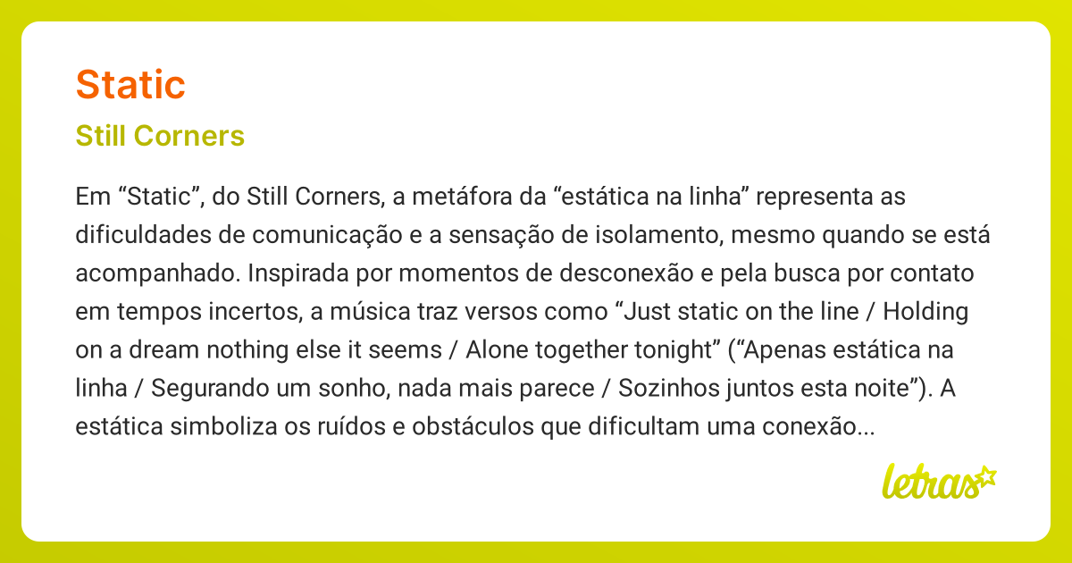 Significado da música STATIC (Still Corners) - LETRAS.MUS.BR